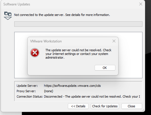 VMware Workstation Auto-updates Wont Connect To Update Server